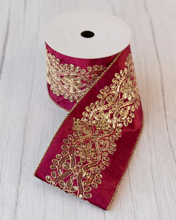 Jacquard Burgundy Ribbon – Under the Mistletoe Shop